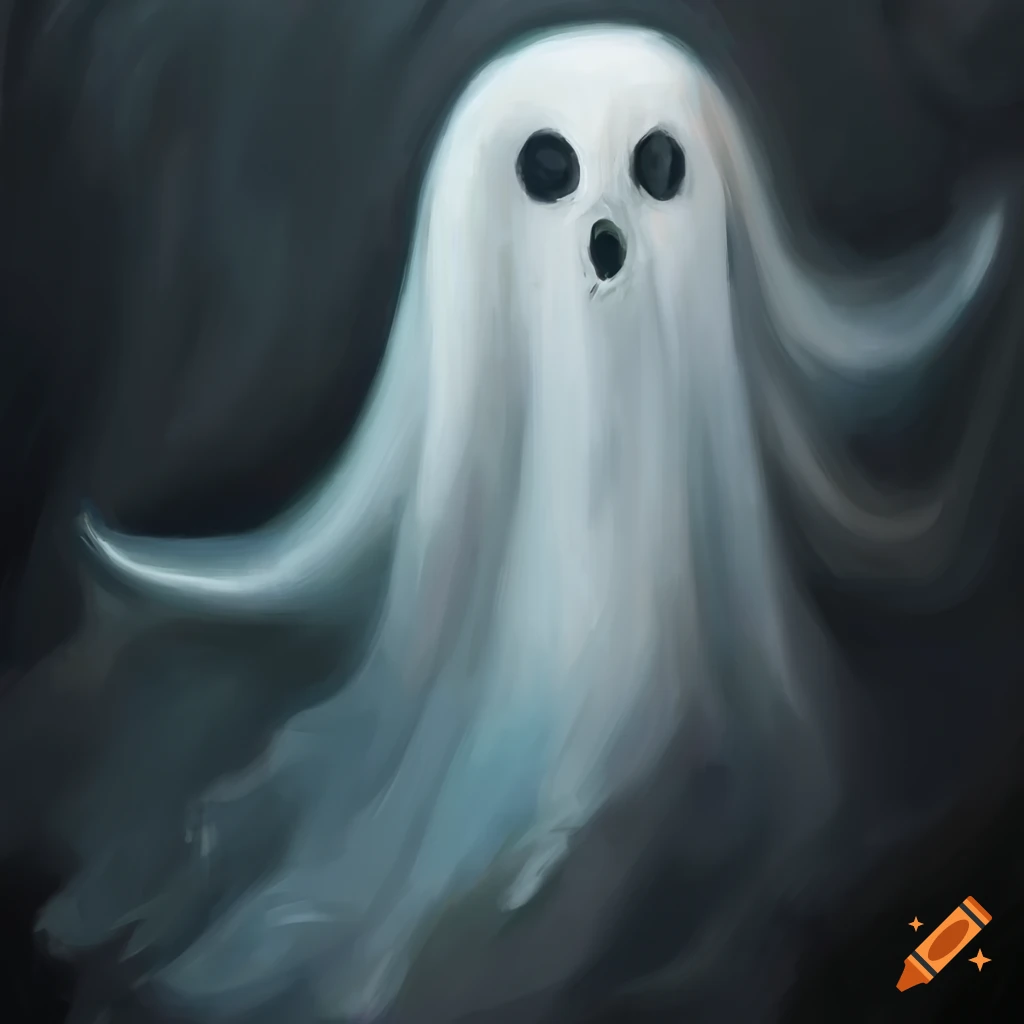 Moody oil painting of a white ghost on black background on Craiyon