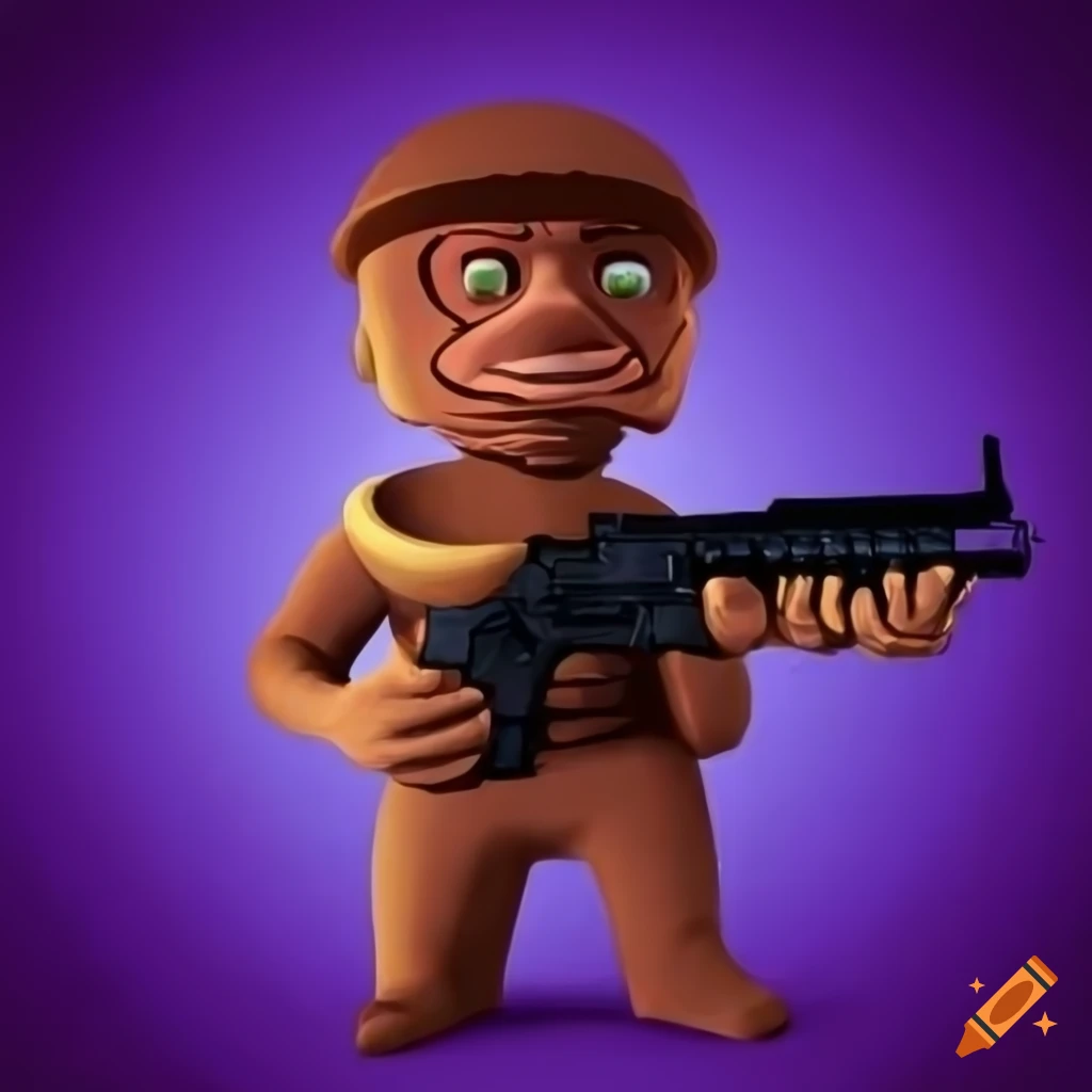 Digital art of a bread man with a gun on a purple background