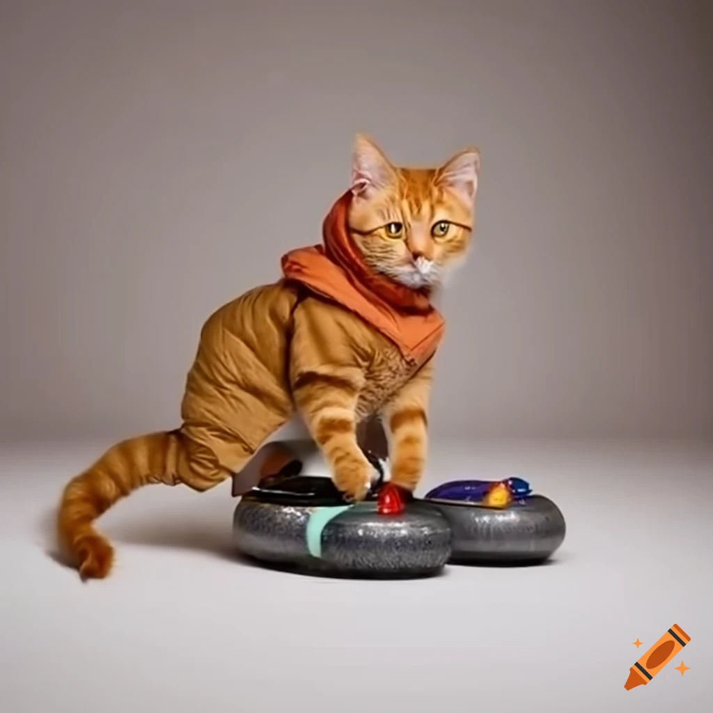 Humorous image of a cat riding a curling stone in a down jacket on Craiyon