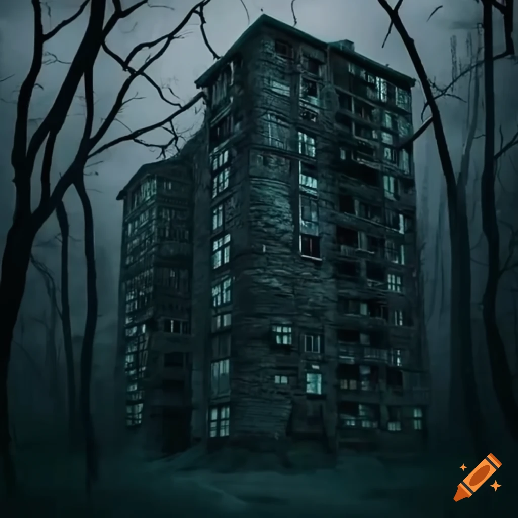 Spooky apartment building in a forest on Craiyon