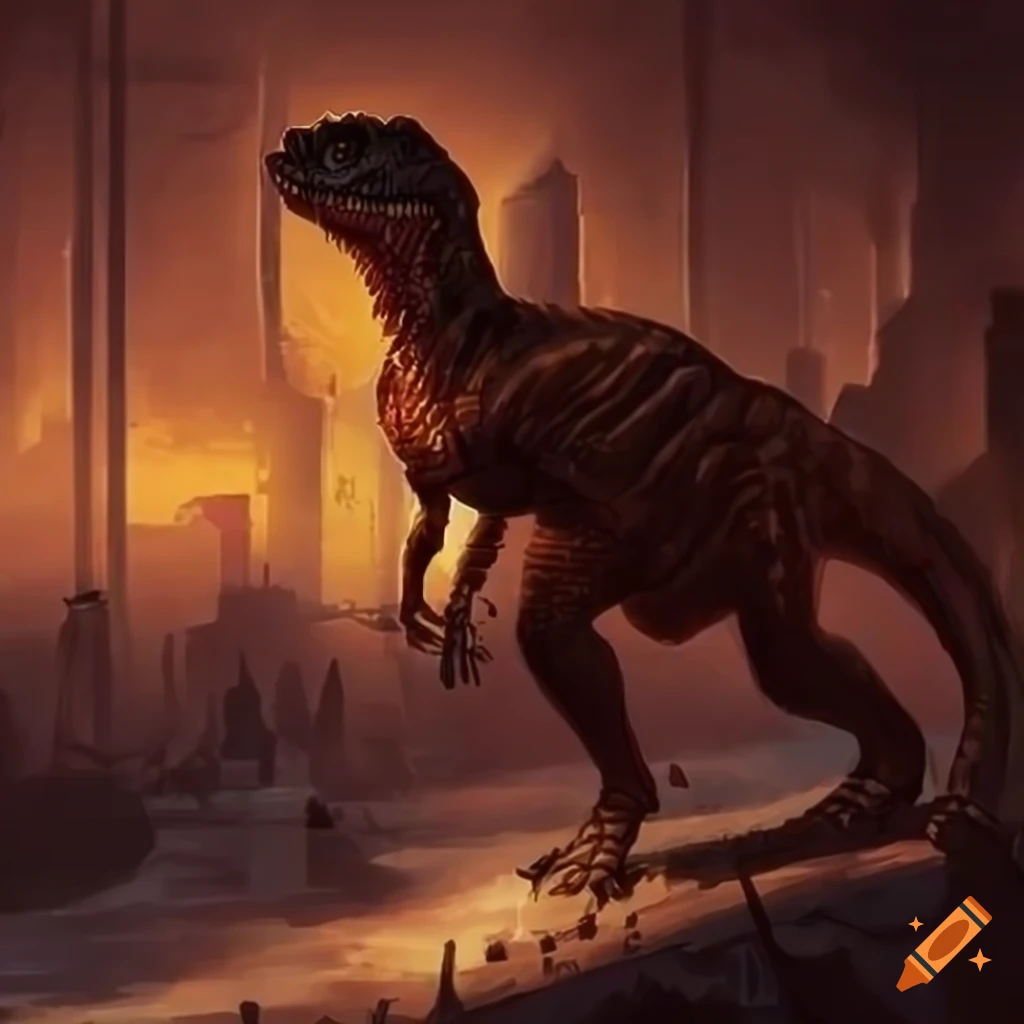 Fantasy illustration of an allosaurus in an ancient city on Craiyon