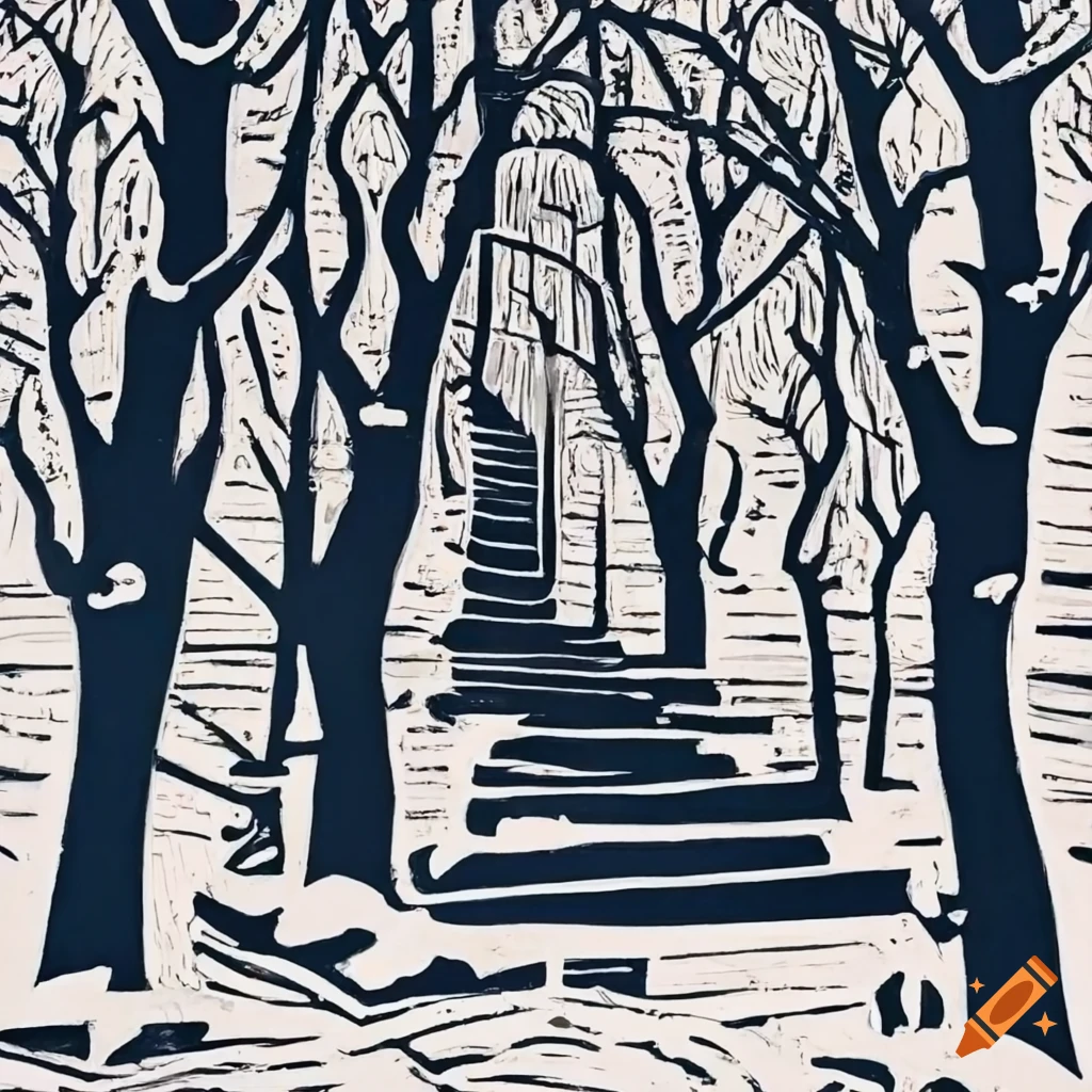 Linocut style staircase in a winter park on Craiyon