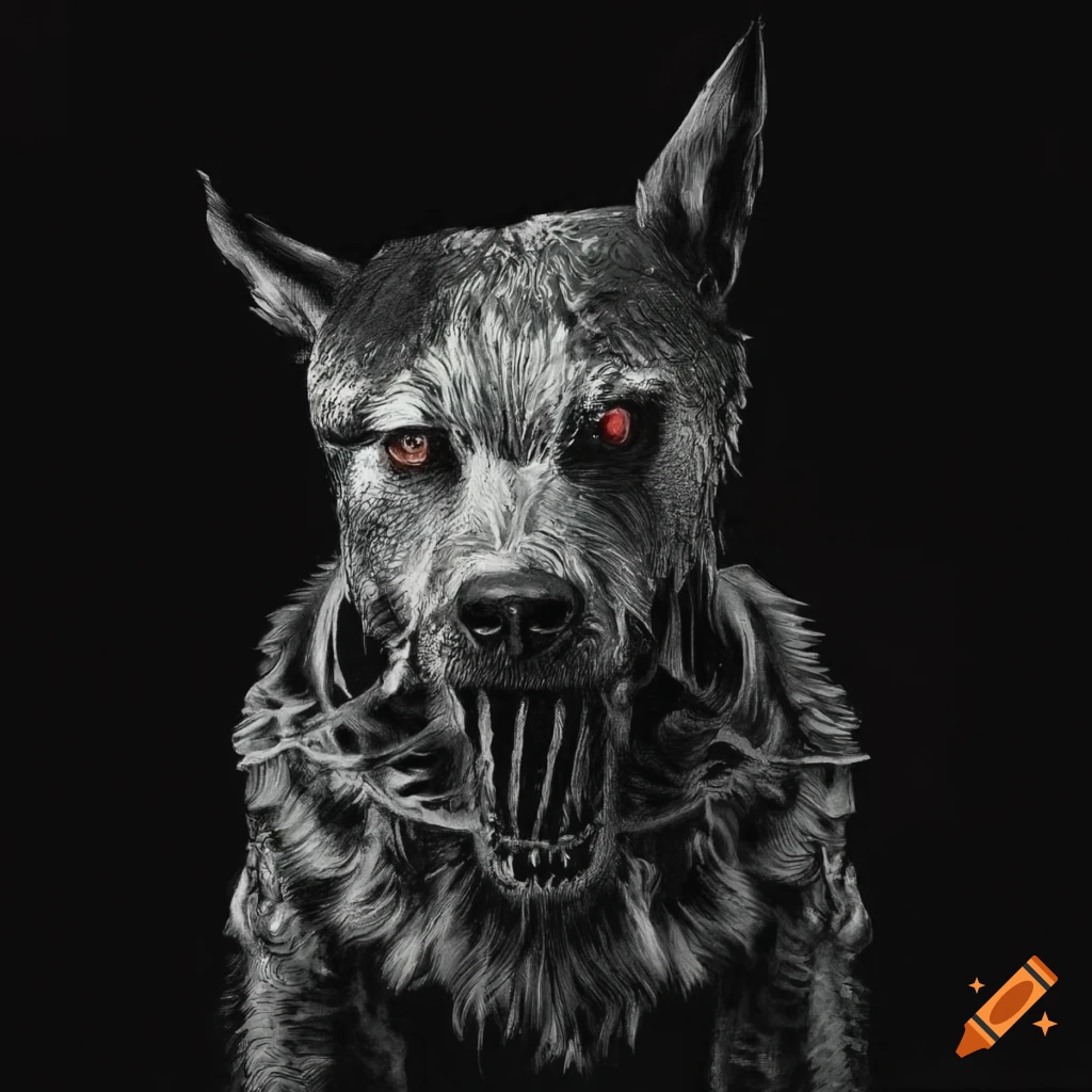 Collage of a black and white hellhound with glowing eyes