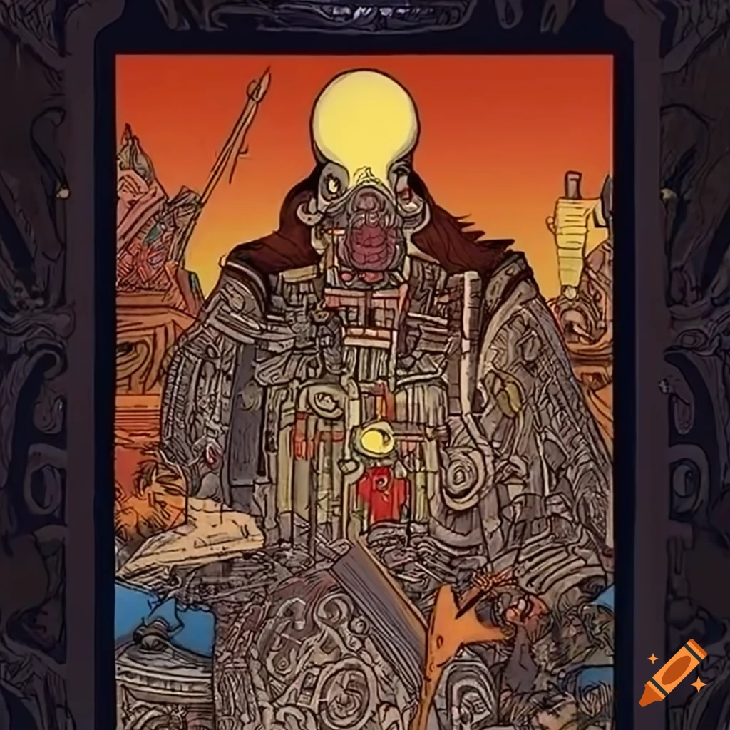 Moebius poster illustration of santa muerte tarot card with totem poles ...