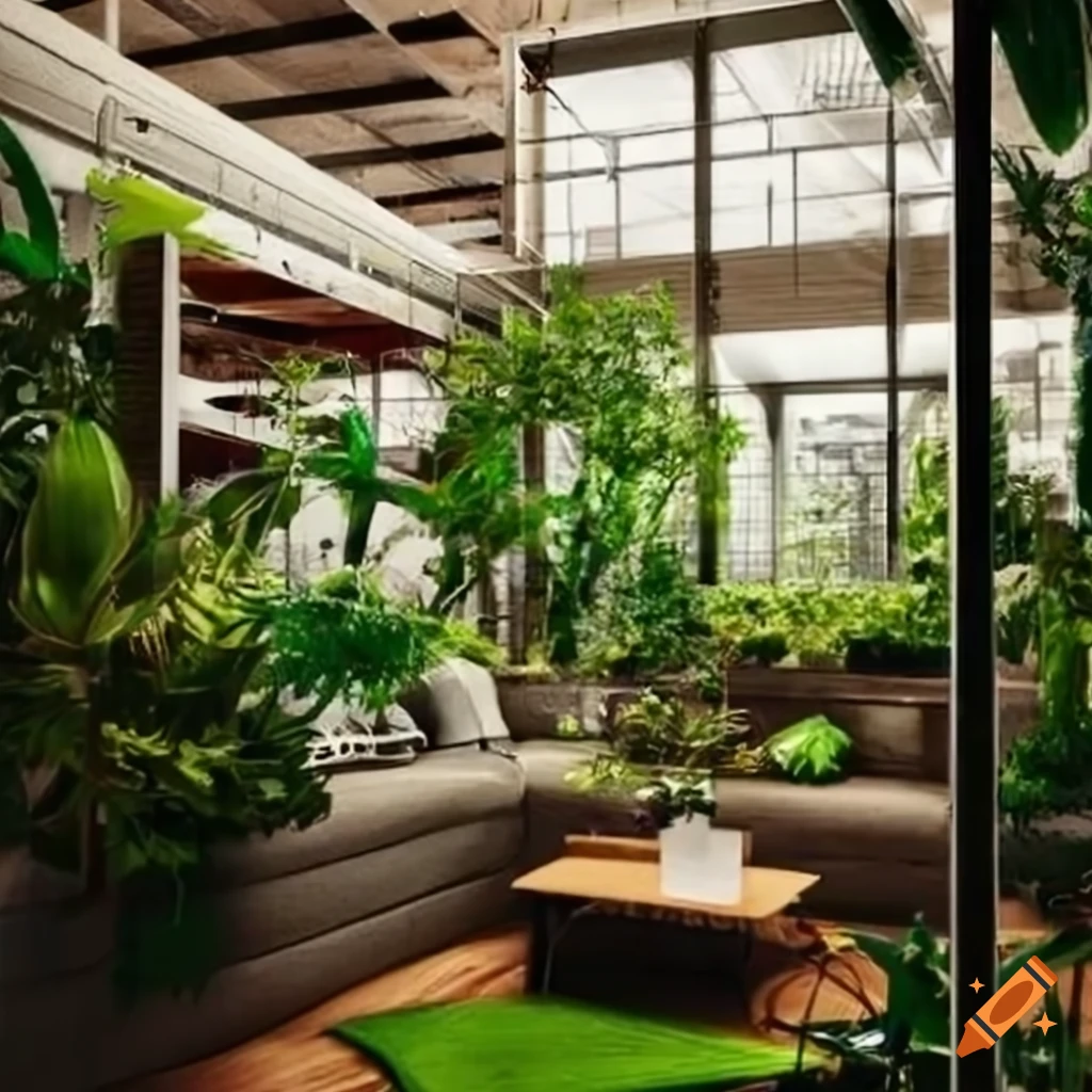 Open office plan with workstations and plants