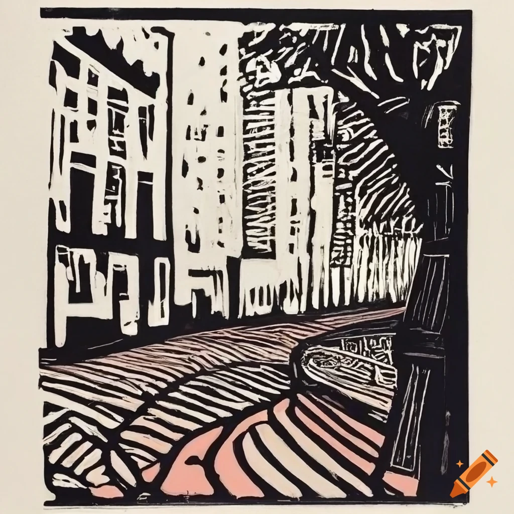 Lino print of people in a cafe