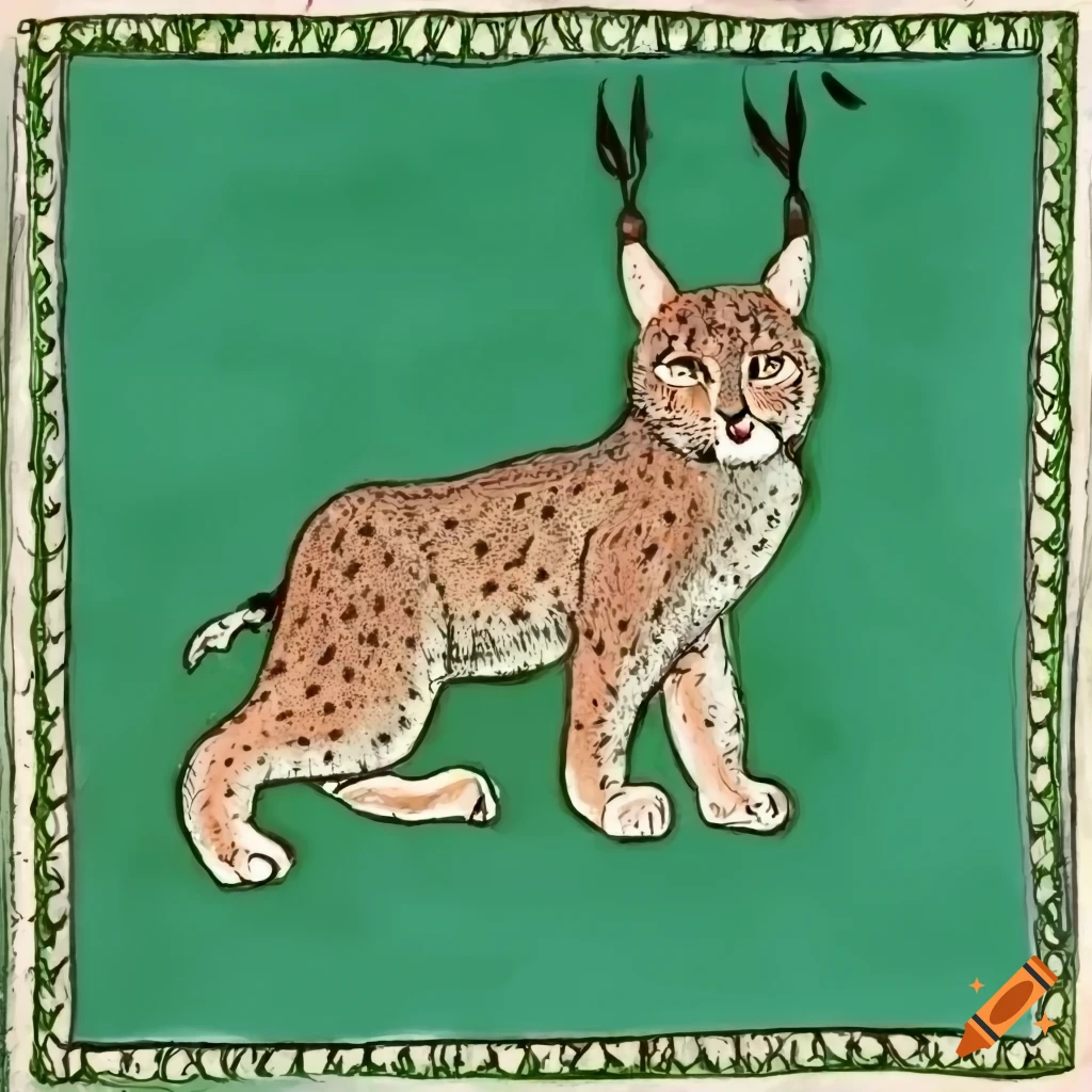 Medieval art of a gray lynx on green background