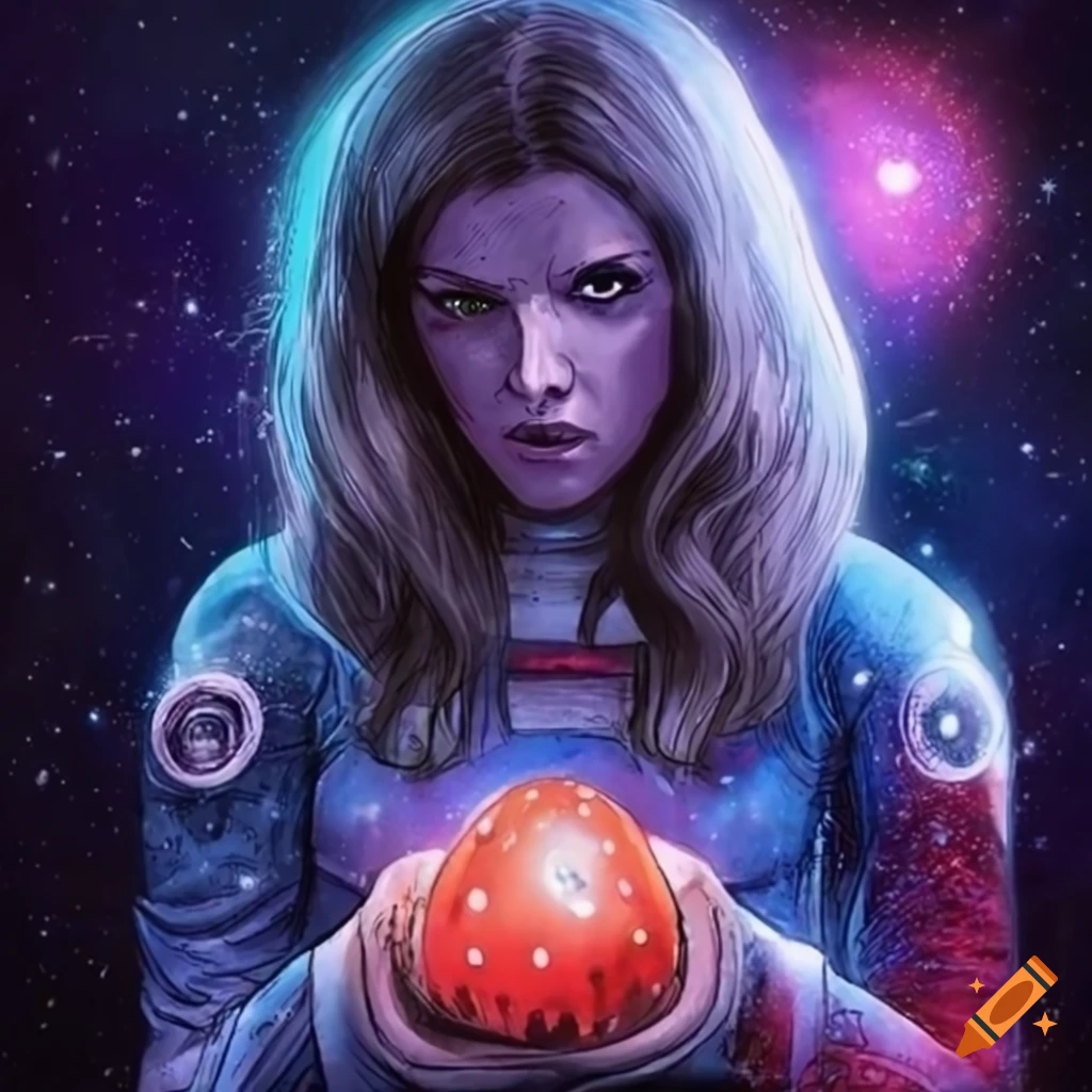 Pulp cartoon art of Anna Kendrick as an astronaut werewolf on Craiyon