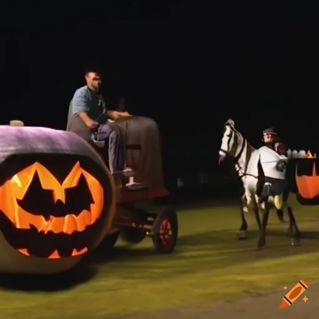 Funny halloween scene with horse and trailer full of pumpkins on Craiyon