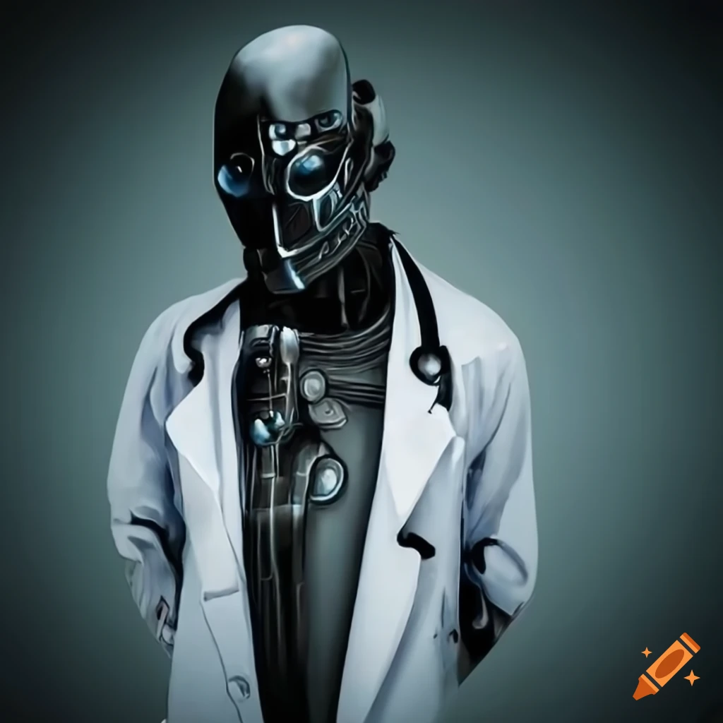 Black metal robot in a lab coat on Craiyon