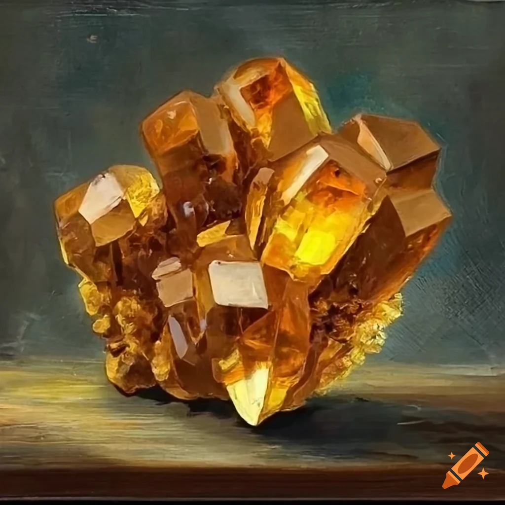 Oil painting of citrine crystals on a wooden table on Craiyon