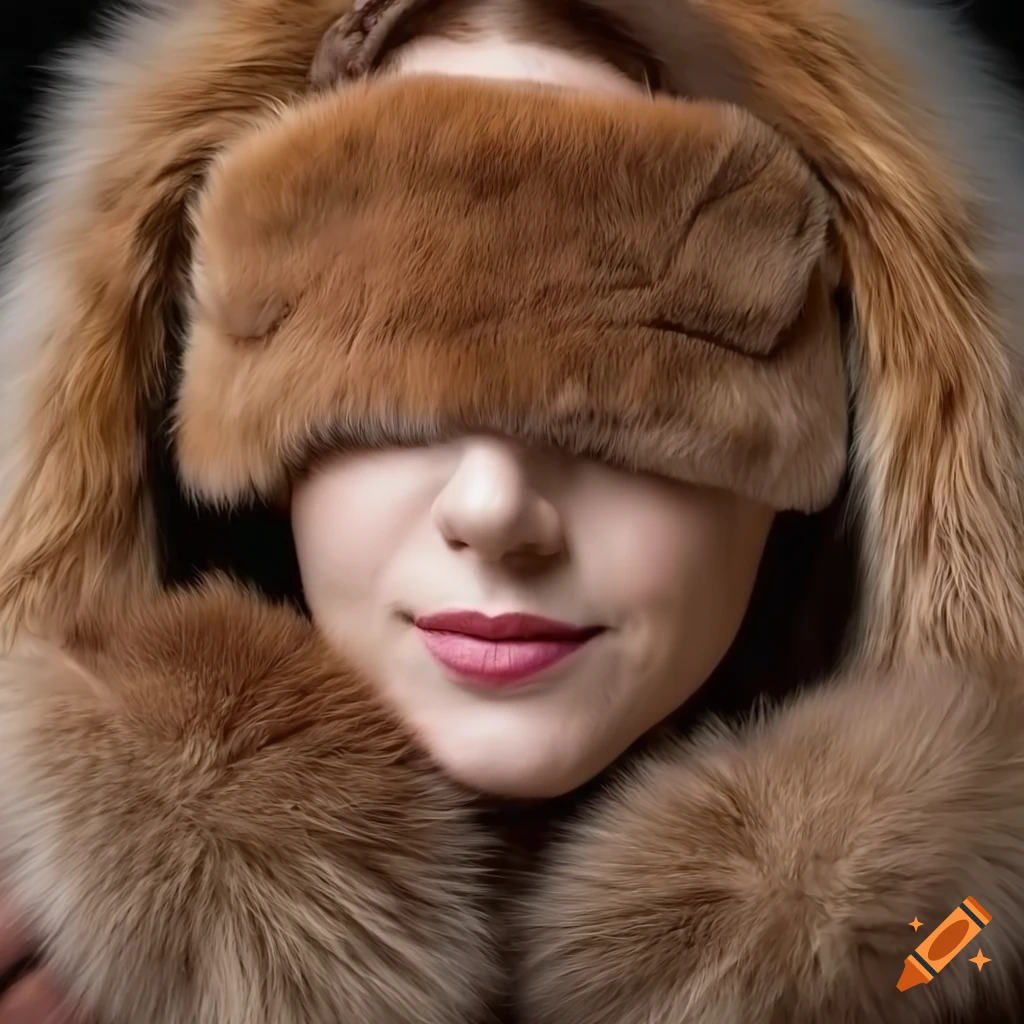 Woman with red hair wearing fur coat and sleep mask on Craiyon