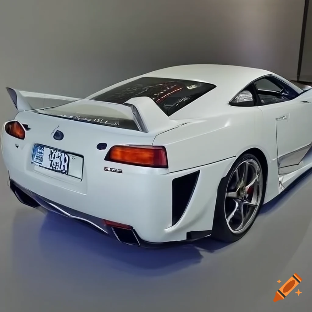 Rear view of a shiny white Lexus Supra LFA prototype with a supermodel ...