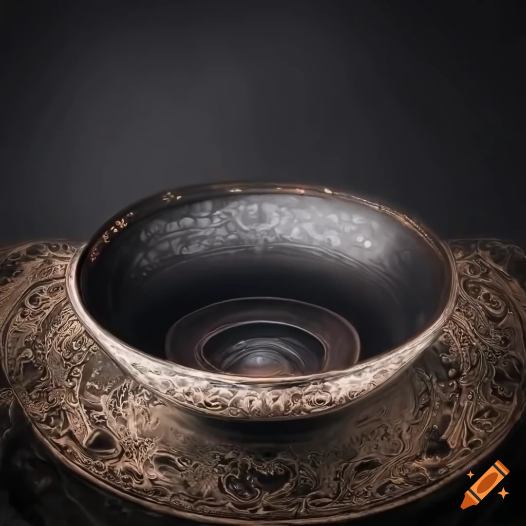 Ornately decorated metallic basin filled with dark liquid