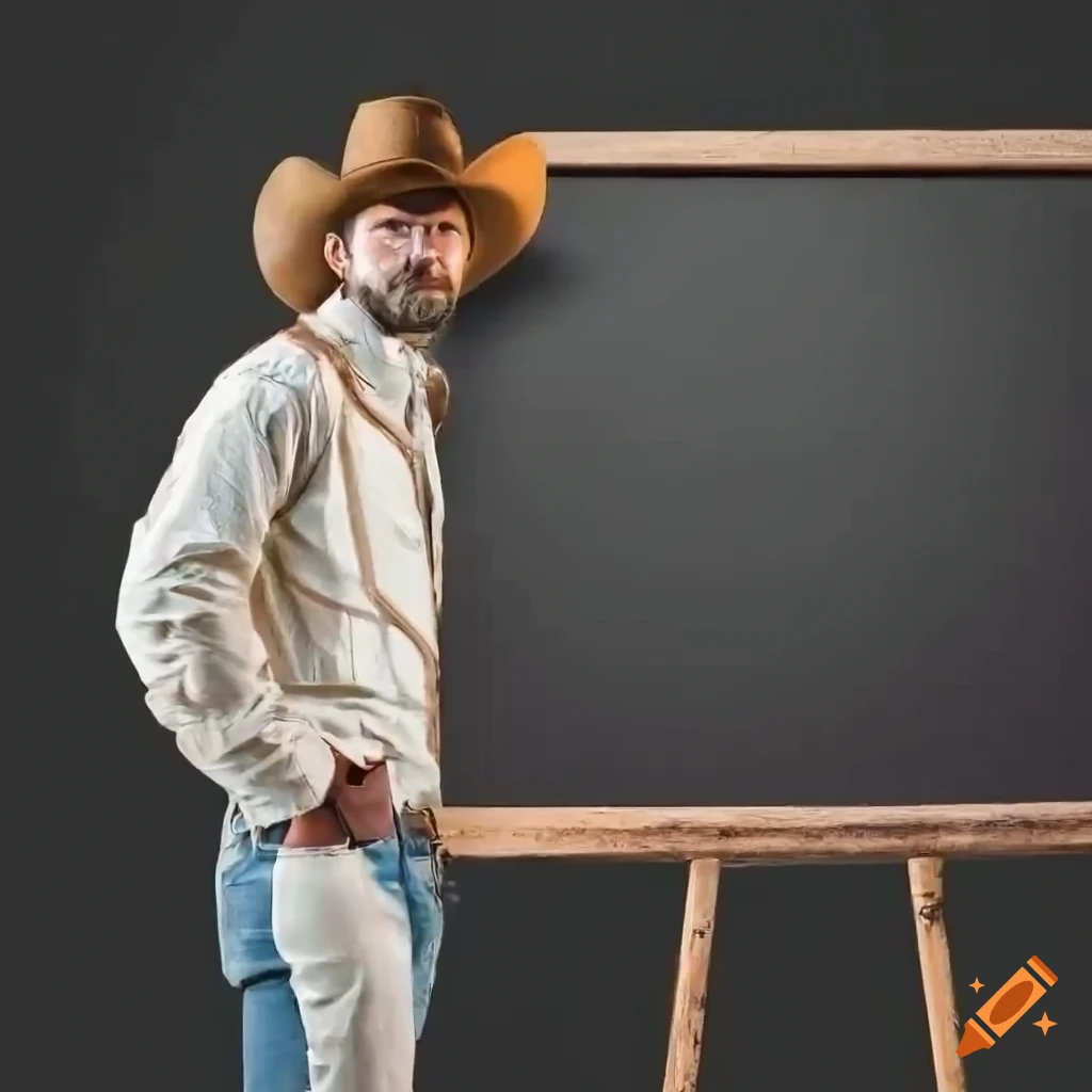 Cowboy in white leather facing a chalkboard