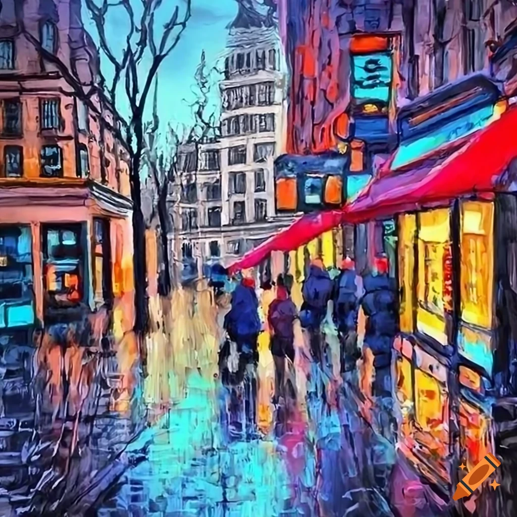 Colorful painting of rainy london streets on Craiyon