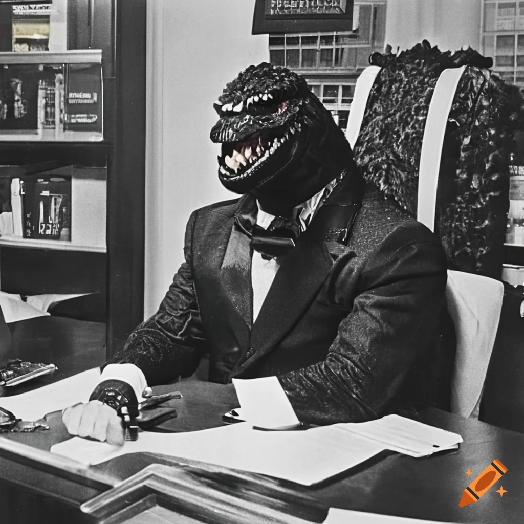 Retro photo of Godzilla wearing a tuxedo in an office on Craiyon