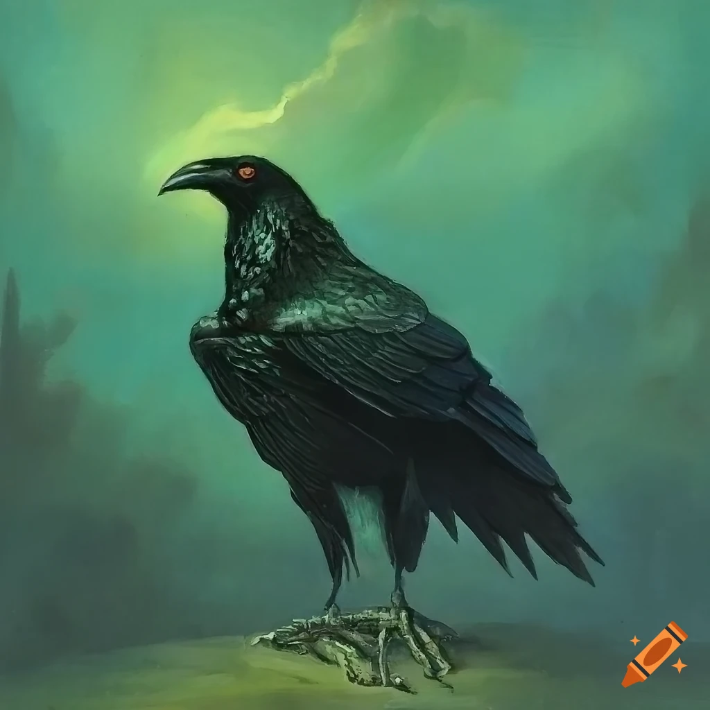 Surreal image of a heroic crow battling an army on Craiyon