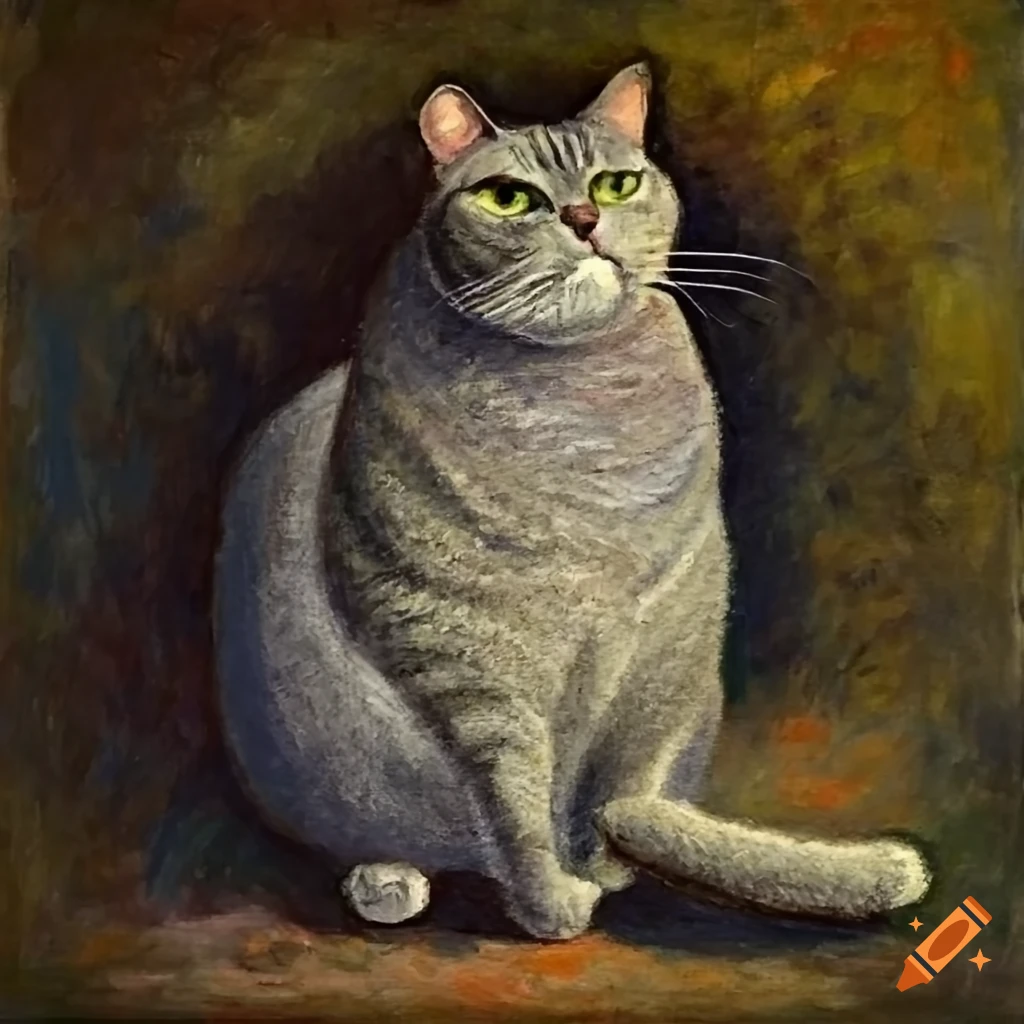 Fat grey cat painting in monet style on Craiyon