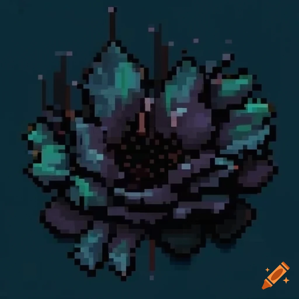 Pixel art of a bouquet of black flowers on a dark sea
