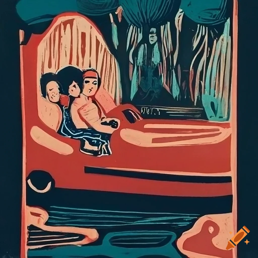 Lino print of people in dodgem cars on Craiyon