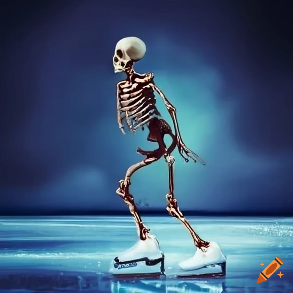 Humorous illustration of a skeleton ice skating on Craiyon