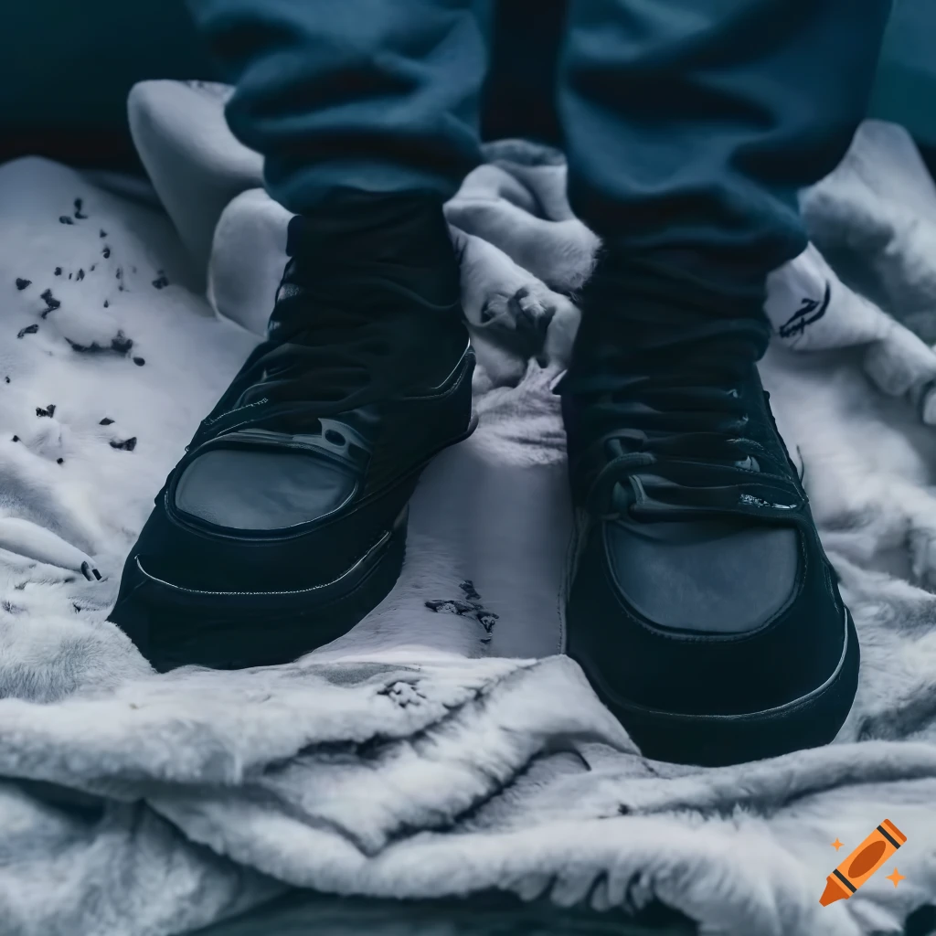 Close-up of black af1 shoes on a messy bed on Craiyon