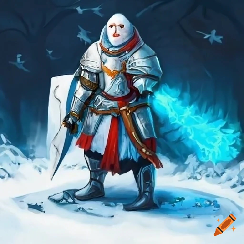 A snowman dressed as a paladin