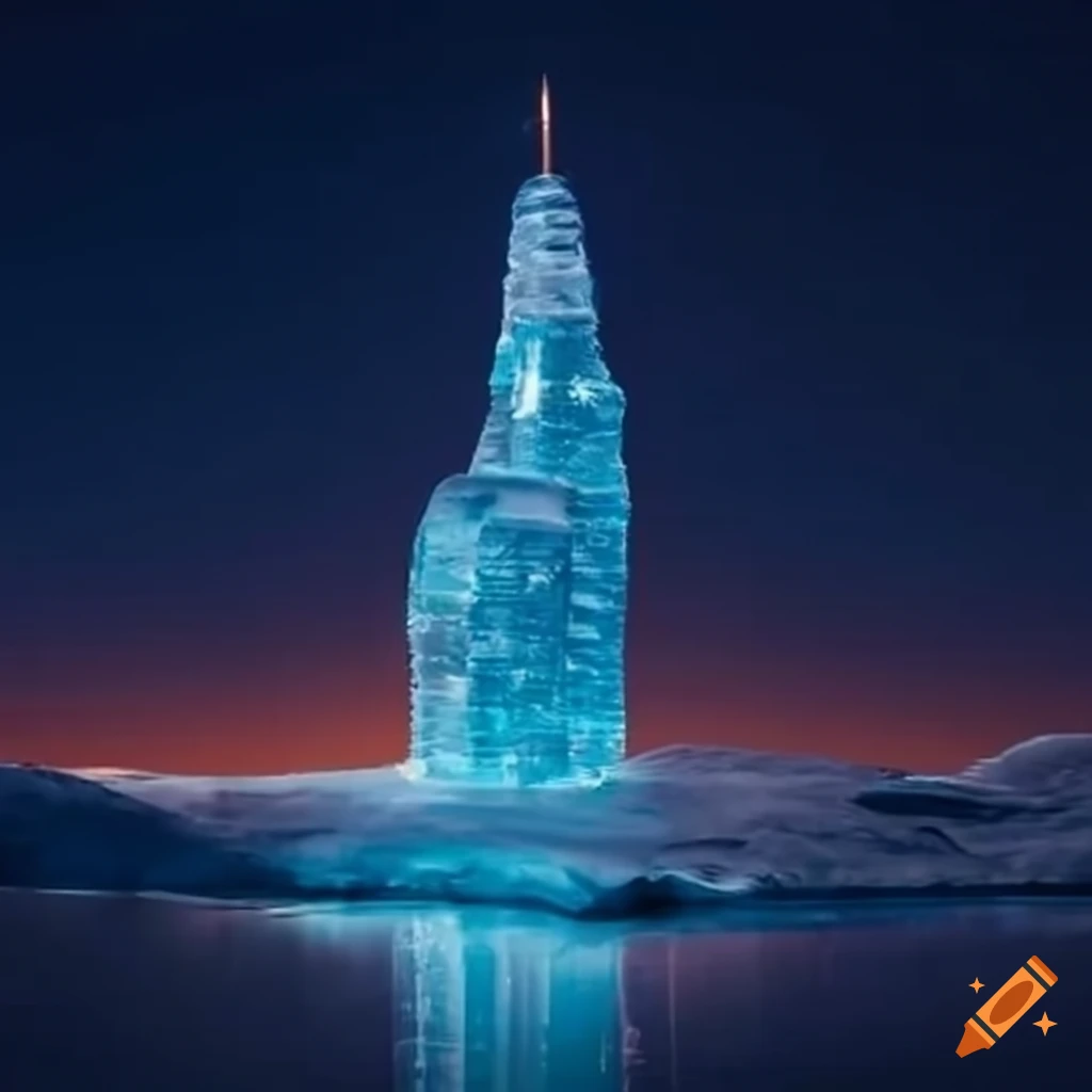 Skyscraper tower made of ice at dusk on Craiyon