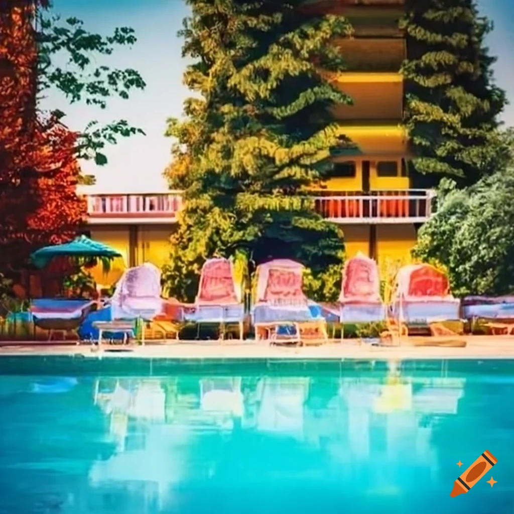 Retro postcard of a motel with a pool on Craiyon