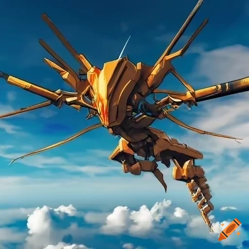 Artistic depiction of a giant mecha flying in the sky on Craiyon