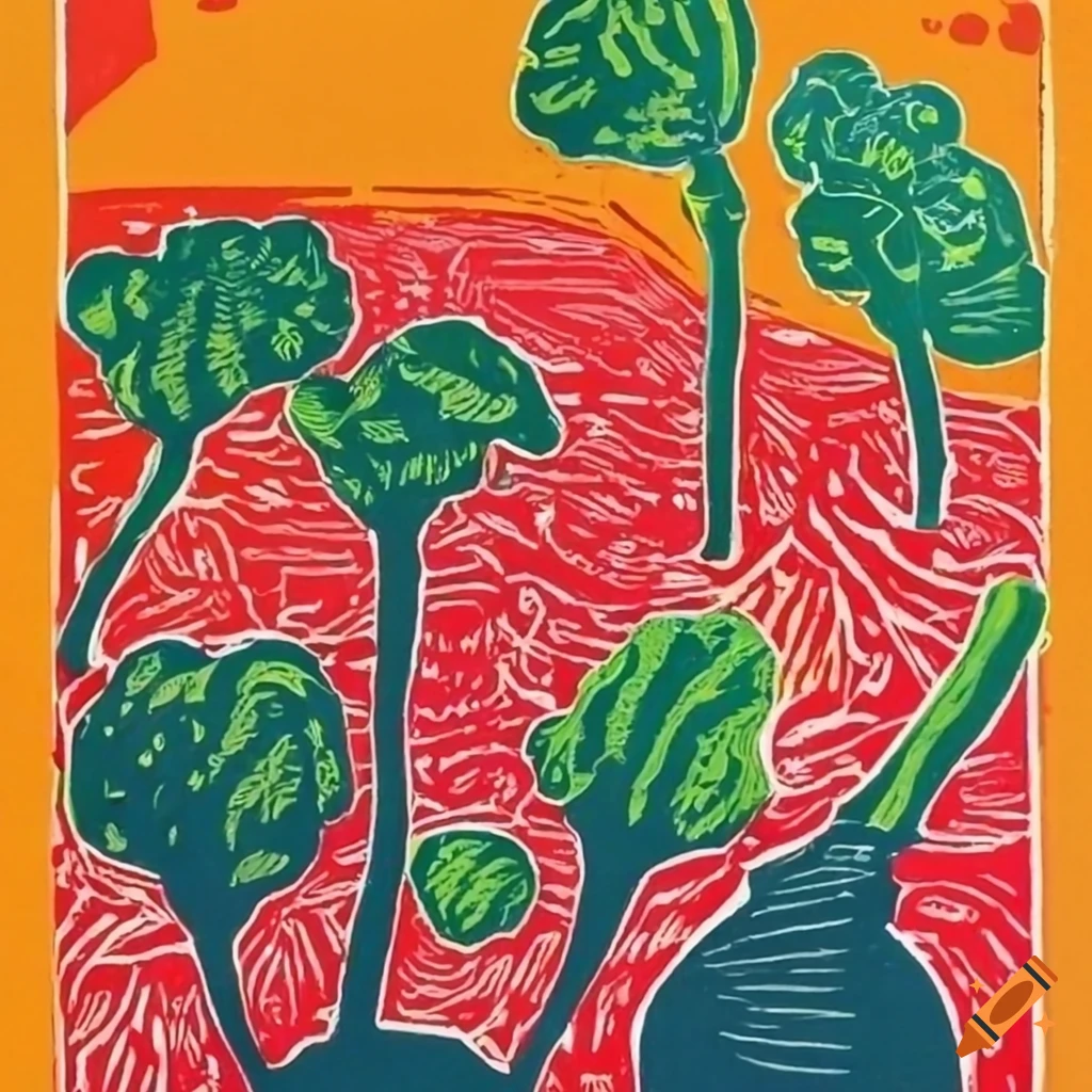 Vibrant lino print of a vegetable garden on Craiyon