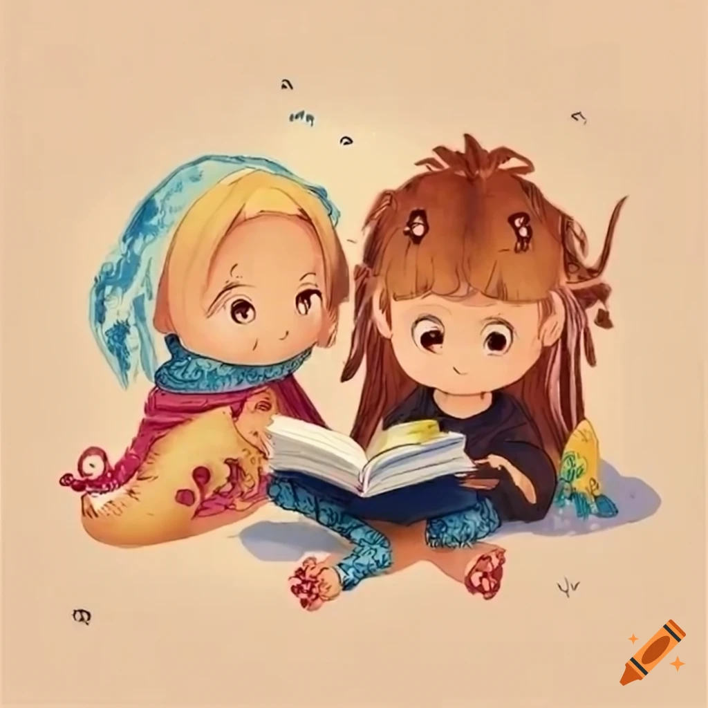 Illustration of children reading to friendly creatures on Craiyon