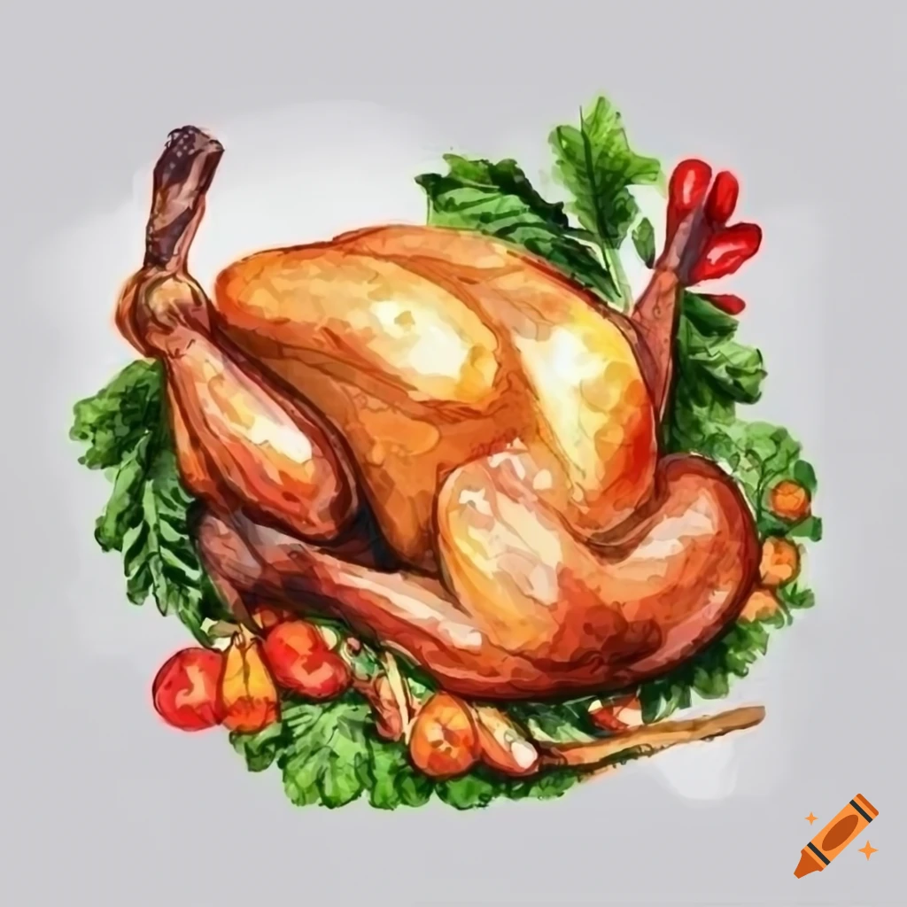 Hand-drawn watercolor illustration of a roasted turkey on Craiyon