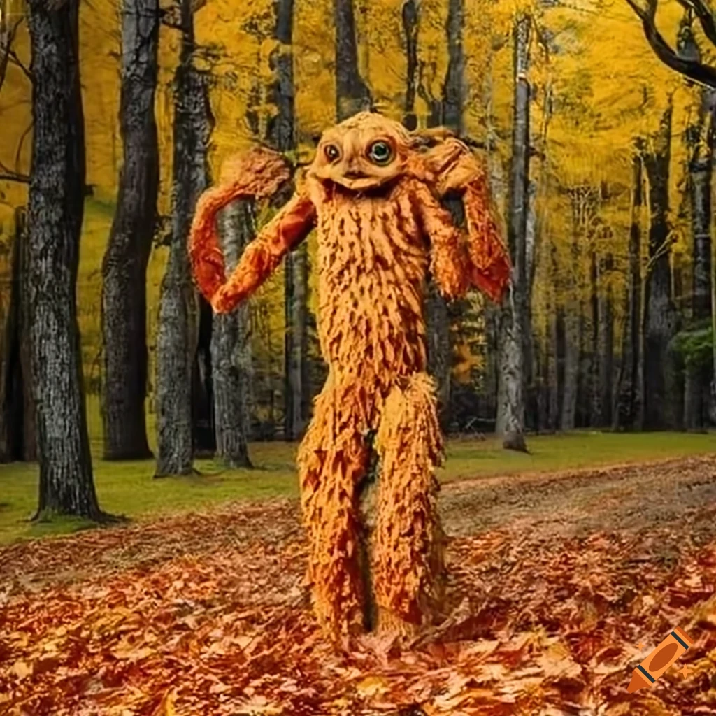 Artwork of a humanoid monster made of autumn leaves