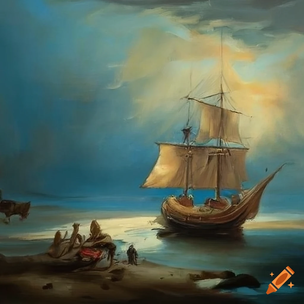 Oil painting of a ship stranded at shallow tide on Craiyon