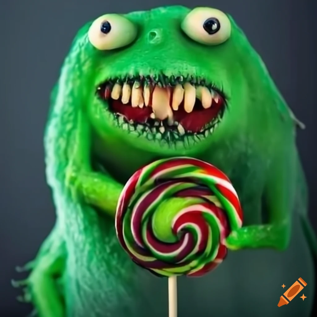 Cartoon monster eating a lollipop in a kitchen on Craiyon