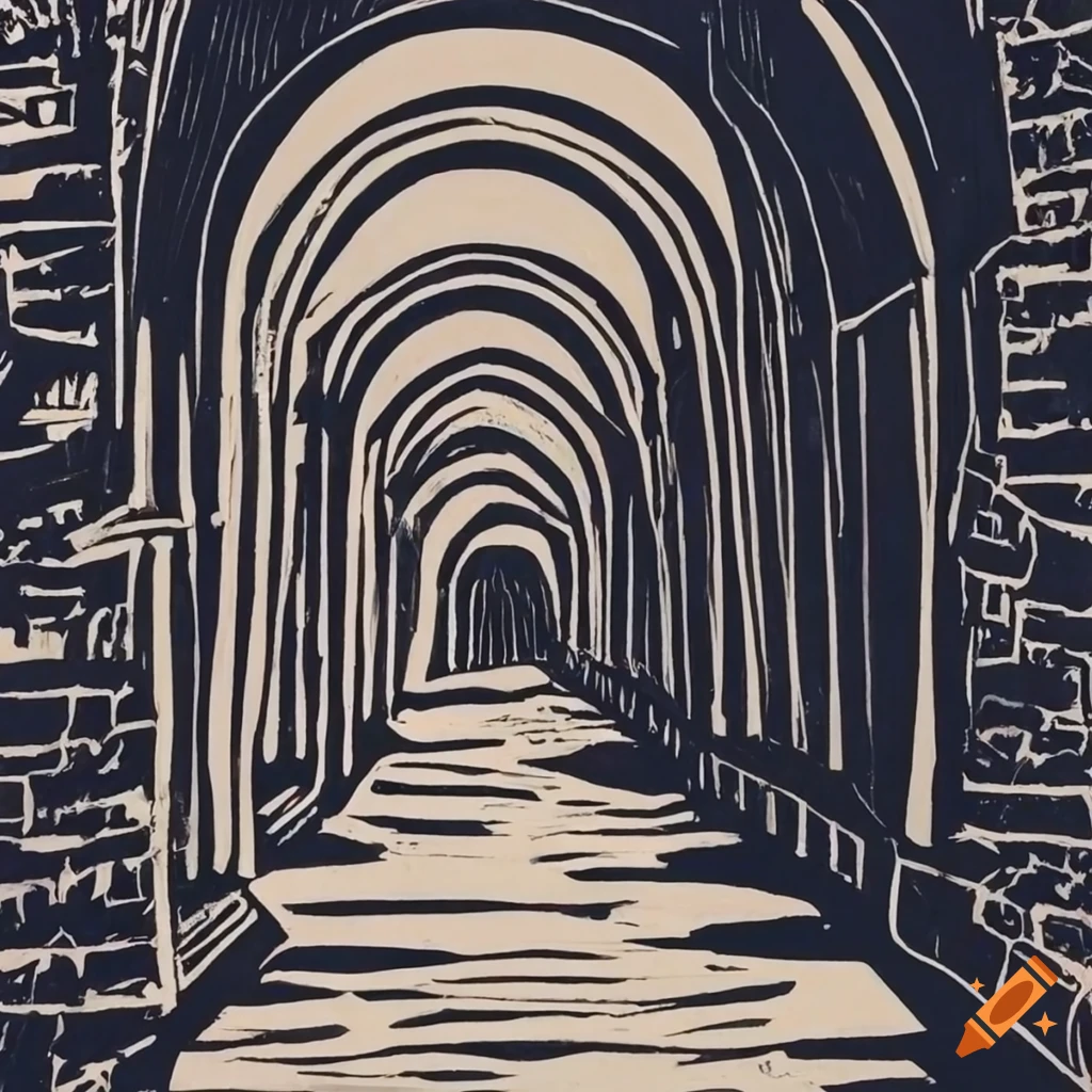 Linocut-style image of a medieval stone arcade corridor
