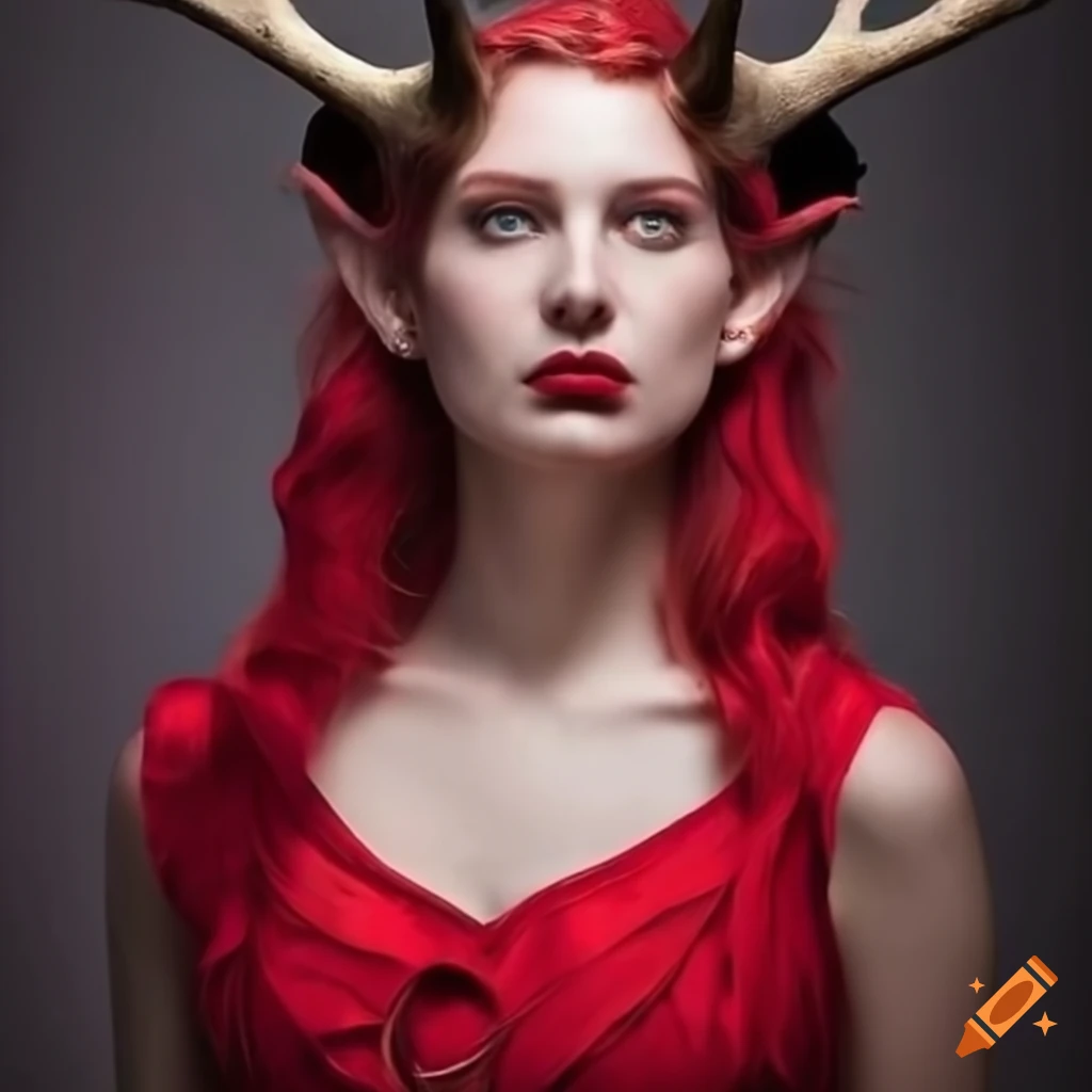 Portrait of a woman with deer horns in a red dress
