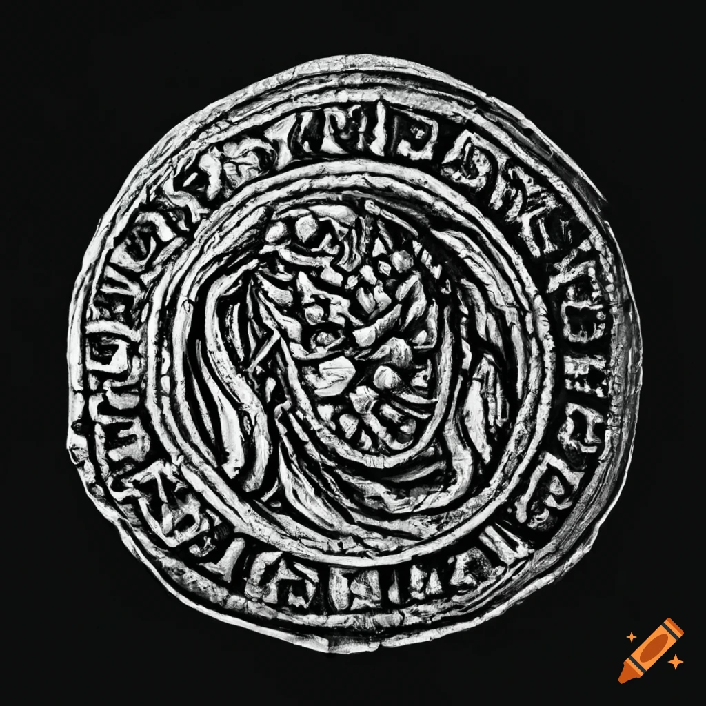 Medieval drawing of an ancient coin on black background on Craiyon
