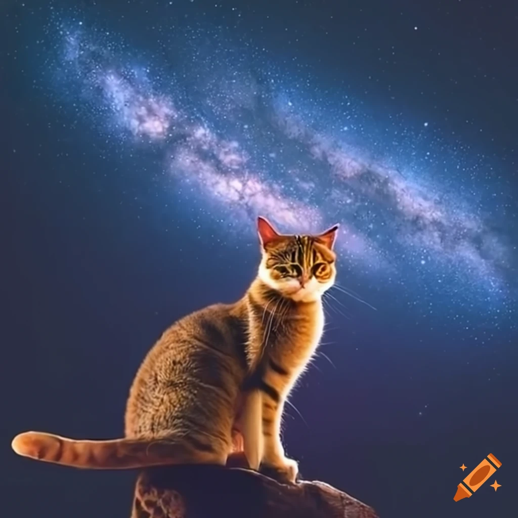 Cat sitting on a tree branch under a starry sky on Craiyon