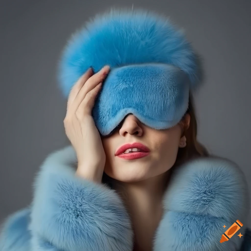 Woman wearing a blue fur sleep mask and fluffy coat on Craiyon
