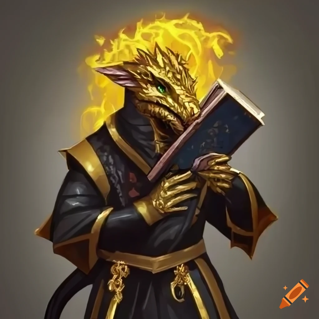 Gold dragonborn dnd character with a magical book and aura on Craiyon