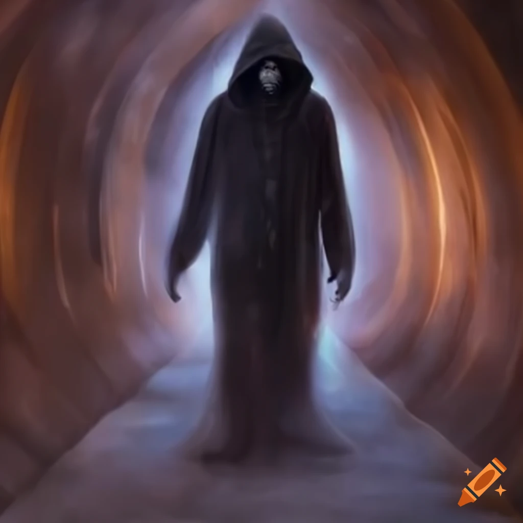 Art of a hooded figure stepping through a time portal on Craiyon