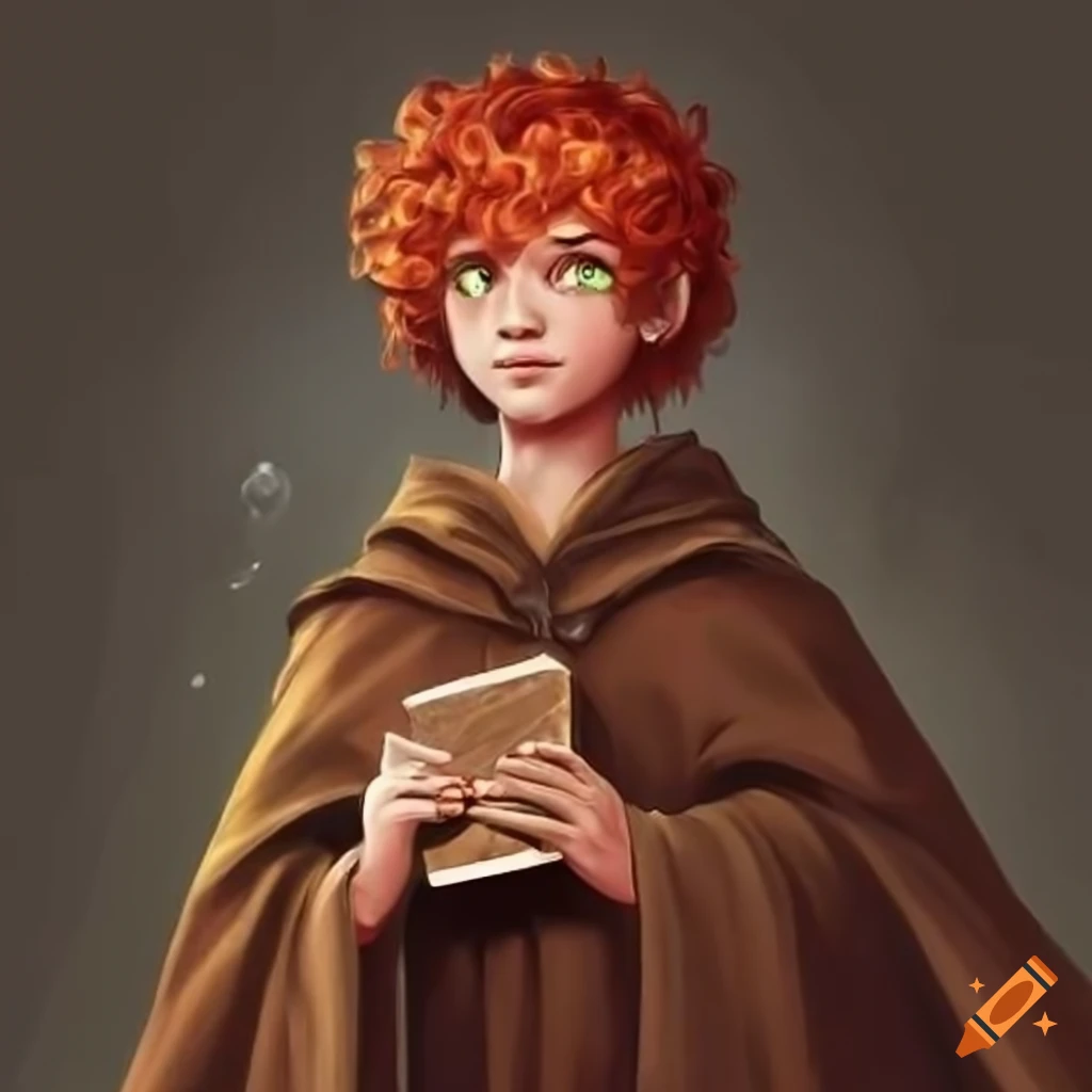 Fantasy artwork of a red-haired monk holding a bible on Craiyon