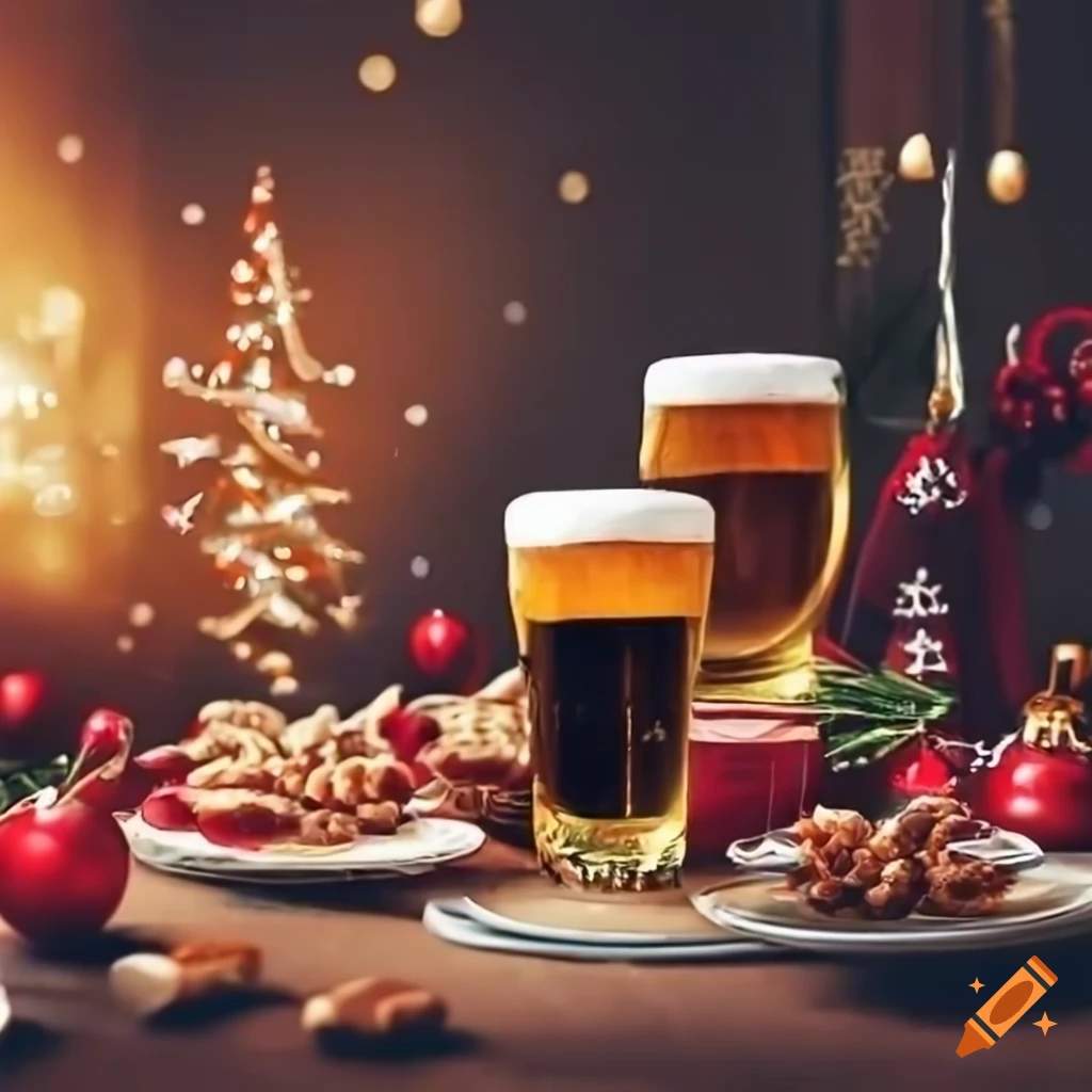 Christmas table filled with festive food, beers, and decorations on Craiyon