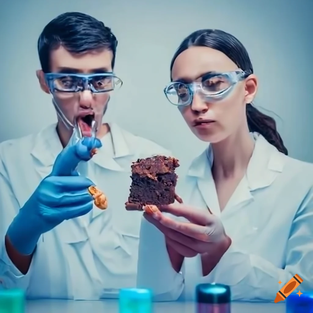Scientists eating brownies in the lab on Craiyon