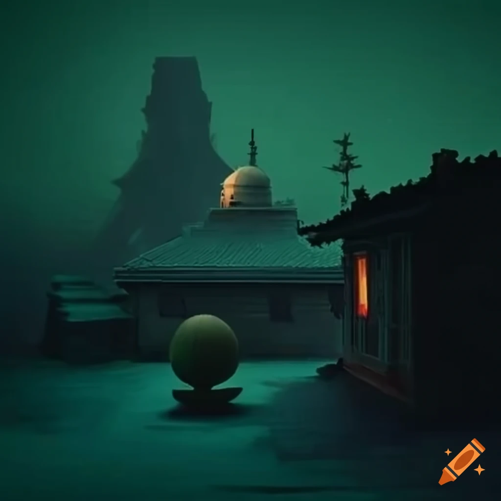 Surreal landscape with green sky and strange objects on Craiyon