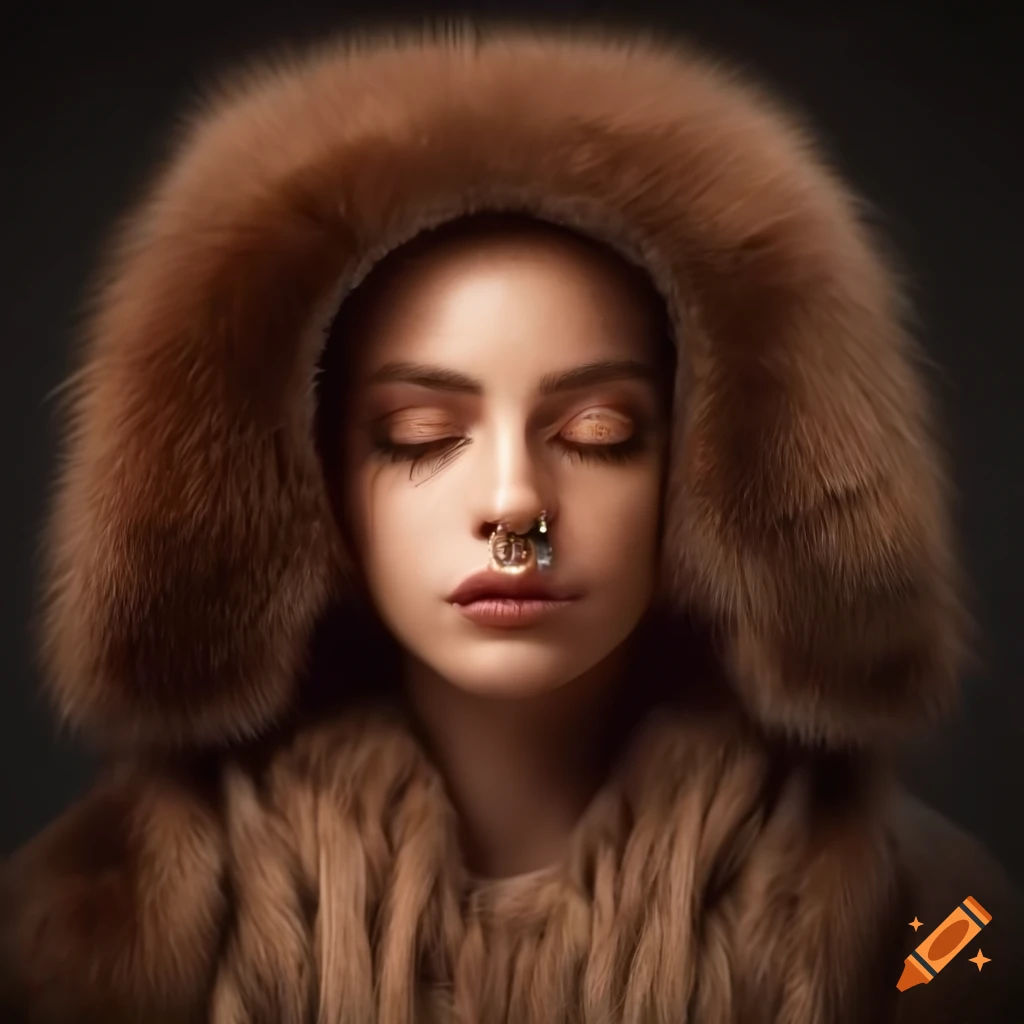 Woman wearing a fluffy fur coat and a nose septum ring on Craiyon
