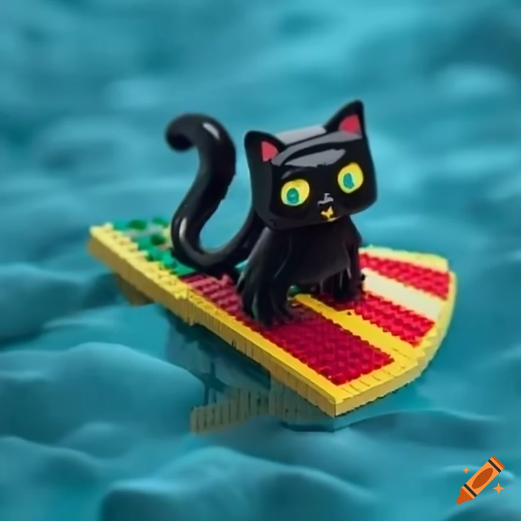 Black cat surfing on lego ocean
